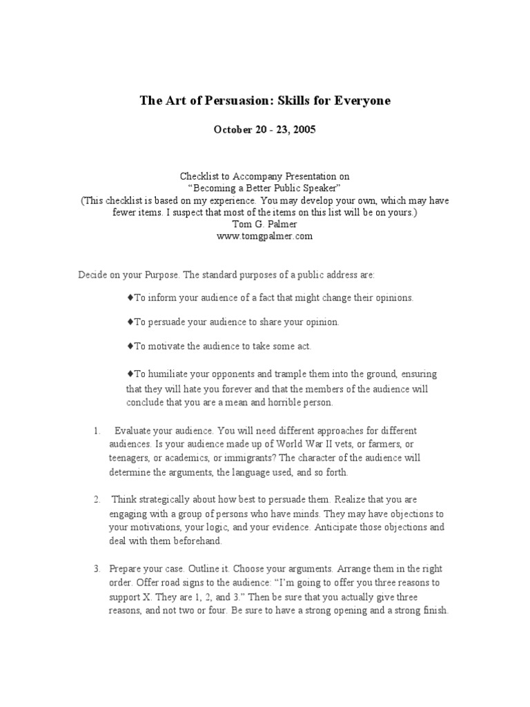 Public Speaking Checklist | PDF | Persuasion