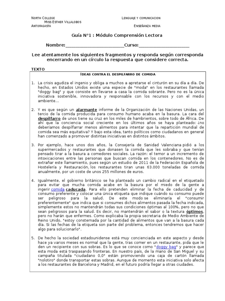 Guia 1 Comprension Lectora | PDF | Alimentos | Residuos