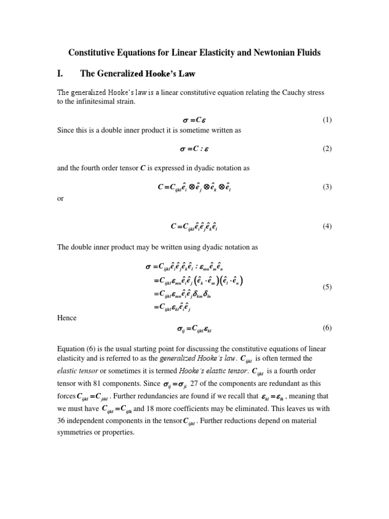 Constitutive Equations For Linear Elasticity Hooks Law | PDF | Linear Elasticity | Elasticity ...