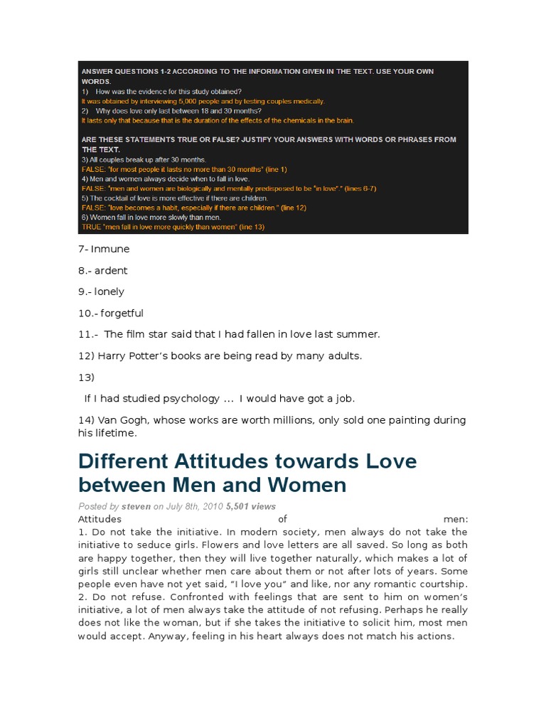 Different Attitudes Towards Love Between Men and Women: Posted by ...