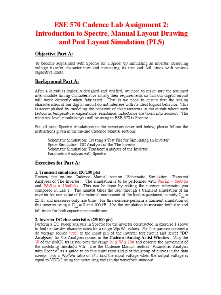 ESE 570 Cadence Lab Assignment 2: Introduction To Spectre, Manual Layout Drawing and Post Layout ...