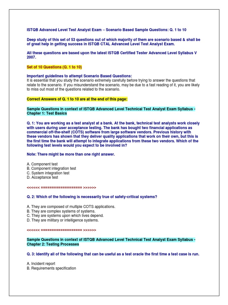 ISTQB Advanced Level Test Analyst Exam - Scenario Based | PDF ...