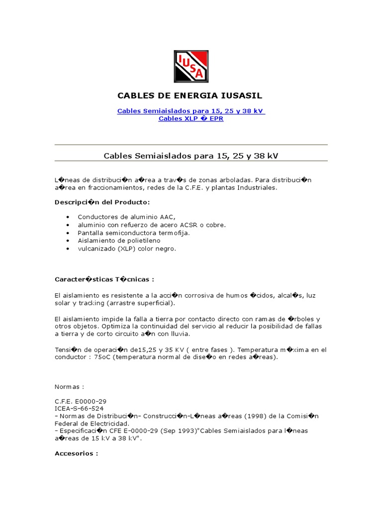 Cables de Energia Iusasil - Cables Semiaislados para 15 25 38 KV | PDF ...