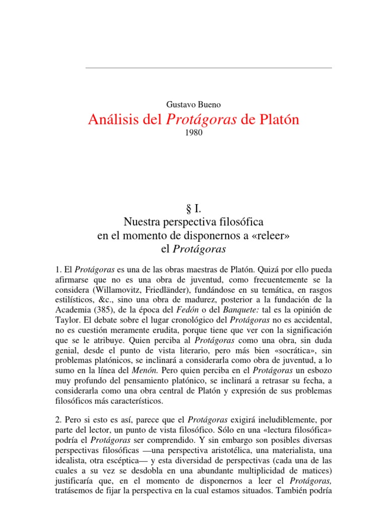Bueno, Gustavo - Analisis Del Protagoras de Platon | PDF | Platón ...