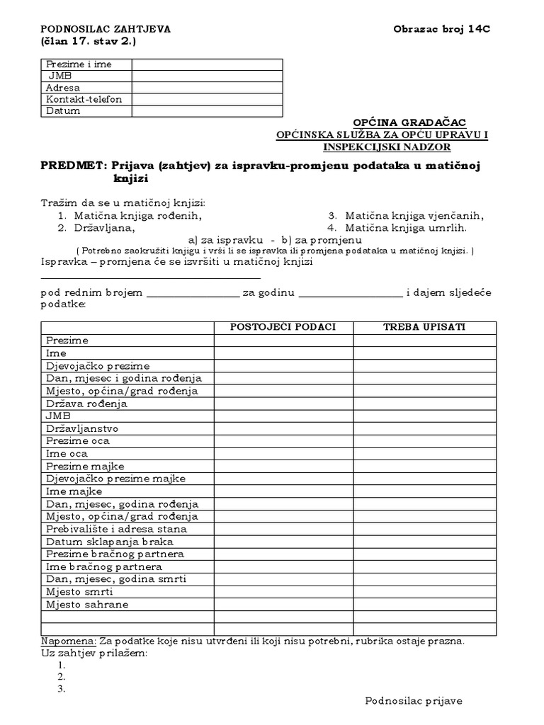 Zahtjev Za Ispravku-Promjenu Podataka U Matičnoj Knjizi Po Odabiru | PDF