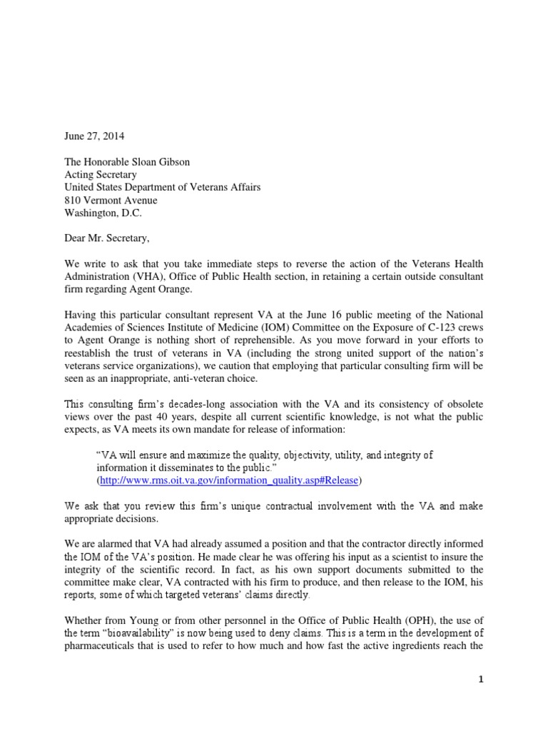 Letter From Six Veterans' Agencies To Department of Veterans Affairs About Westover C-123 ...