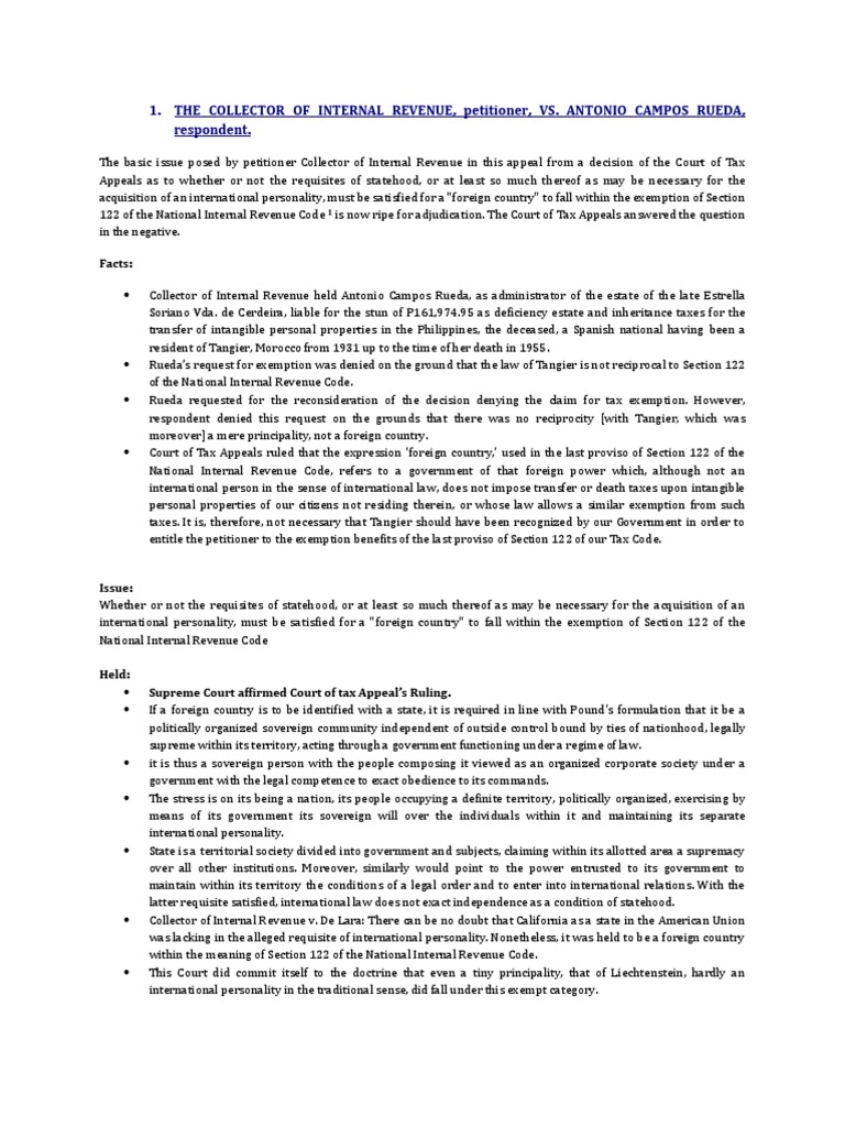 The Collector of Internal Revenue Vs Campos Rueda | PDF | Sovereignty ...