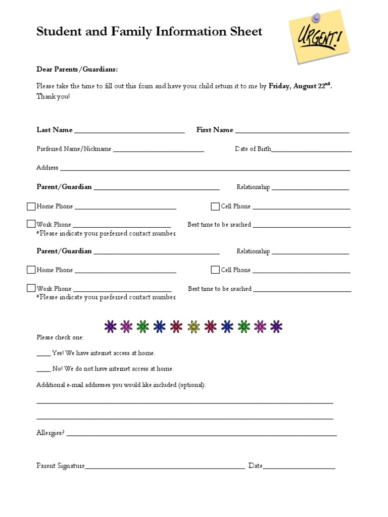 Student Family Info Sheet Template | PDF | Wellness