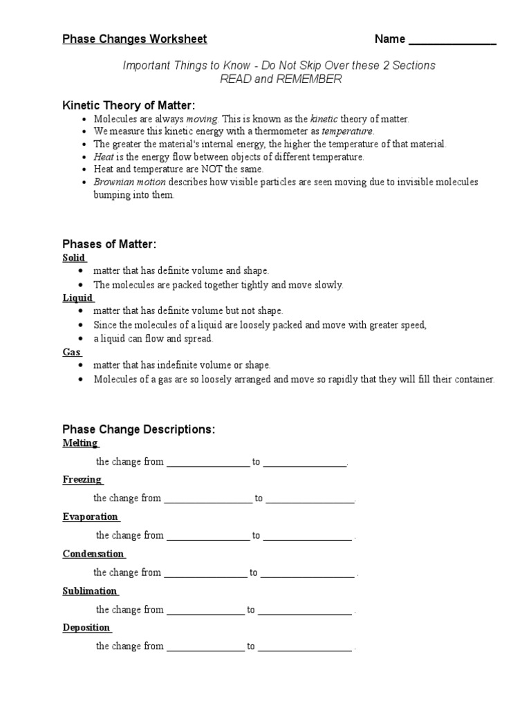 Phase Changes Worksheet | PDF | Latent Heat | Phase (Matter)
