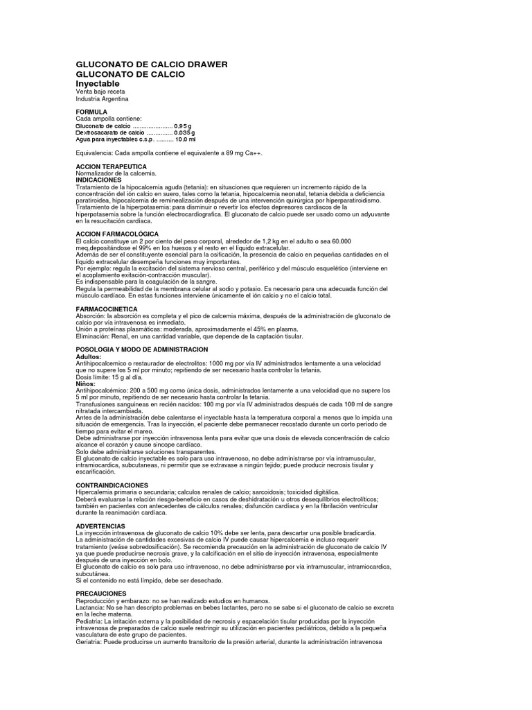 Gluconato de calcio inyectable: Características, indicaciones y uso del ...