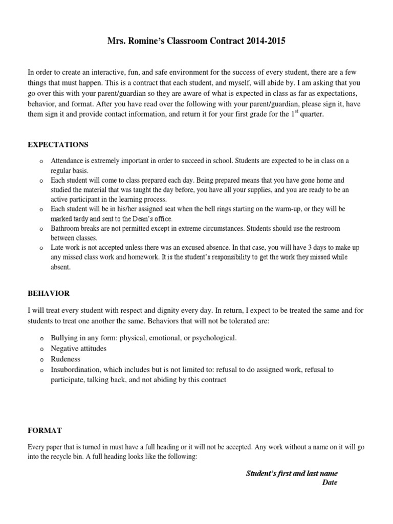 Mrs. Romine's Classroom Contract 2014-2015: Expectations | PDF ...