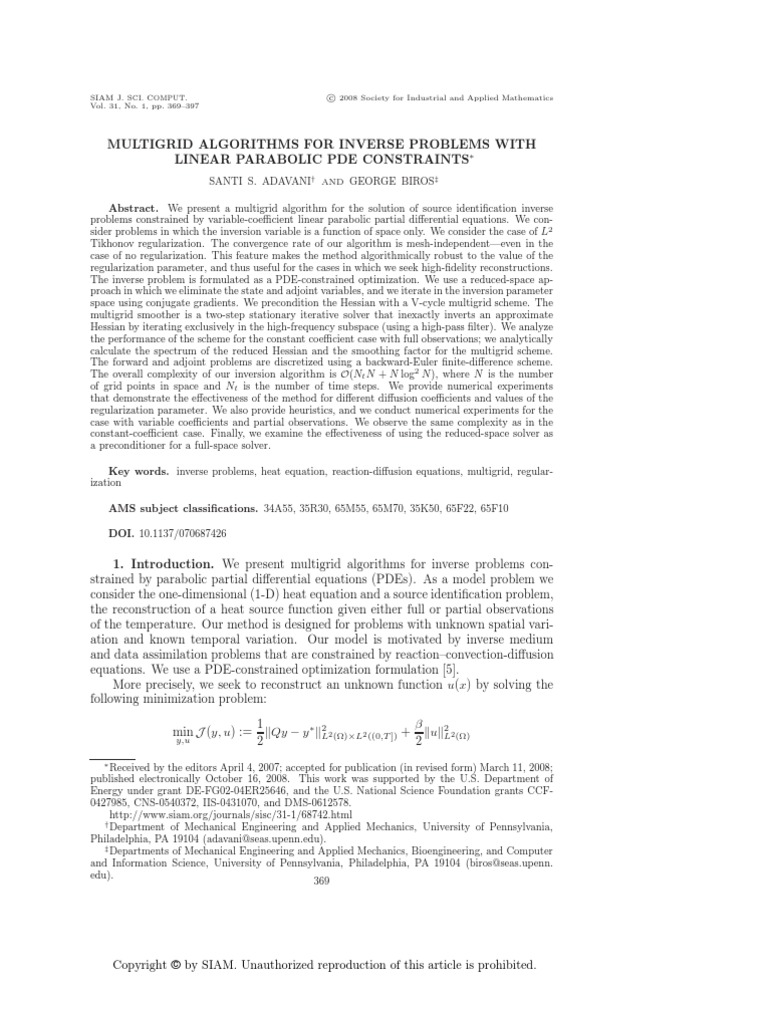 Multigrid Algorithms For Inverse Problems With Linear Parabolic Pde Constraints | PDF ...
