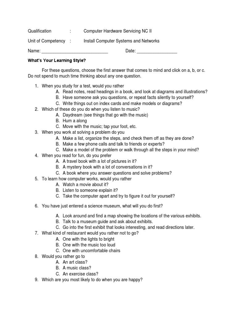 Learning Style Questionnaire | PDF | Learning Styles