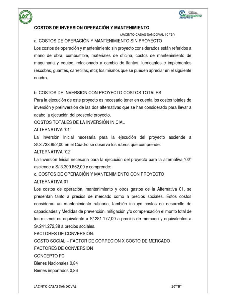Costos de Inversion Operación y Mantenimiento PDF | PDF | Presupuesto ...