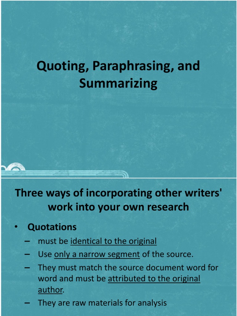 Quoting, Paraphrasing, and Summarizing | Download Free PDF | Ellipsis ...