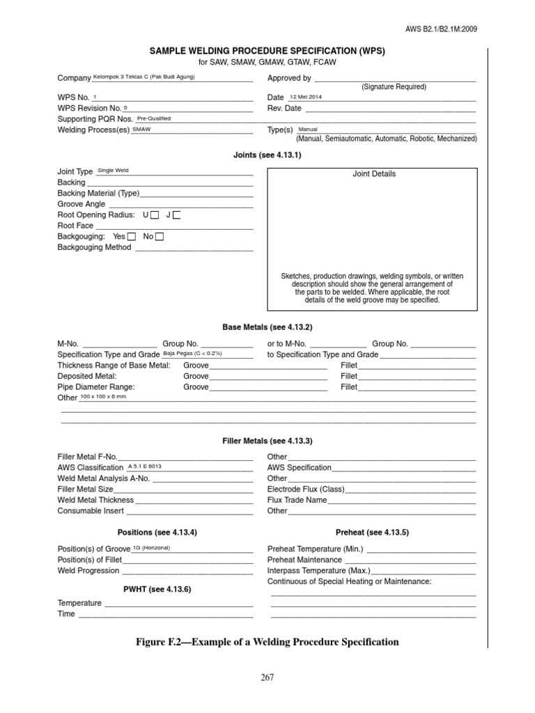 Sample Welding Procedure Specification (WPS) : Joints (See 4.13.1 ...