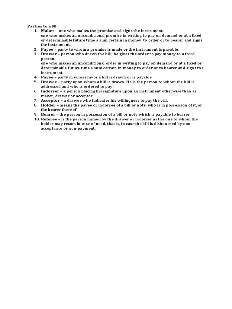 Key Parties in Negotiable Instruments | PDF | Finance & Money Management | Social Science