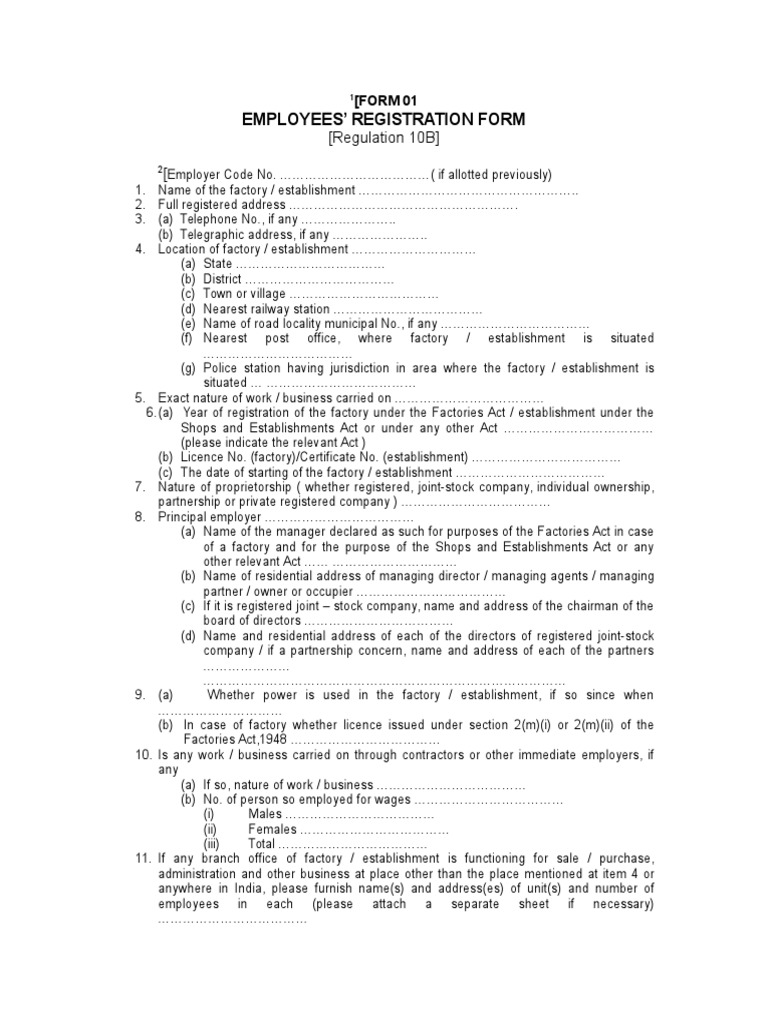 Employees' Registration Form: (Regulation 10B) ( | PDF | Economies | Labour