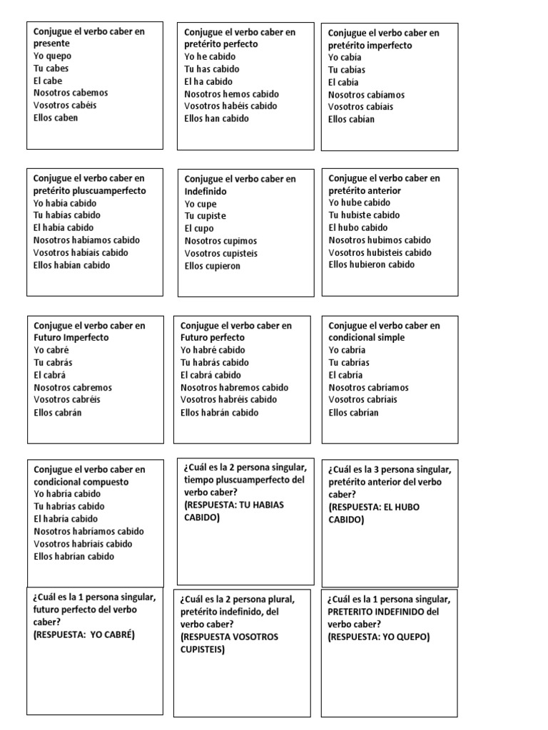 Tarjetas Verbos Caber y Haber | PDF | Verbo | Relaciones sintácticas