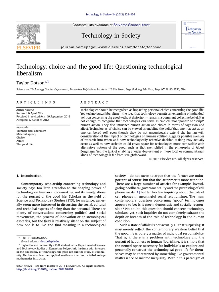Technology, Choice and The Good Life: Questioning Technological ...