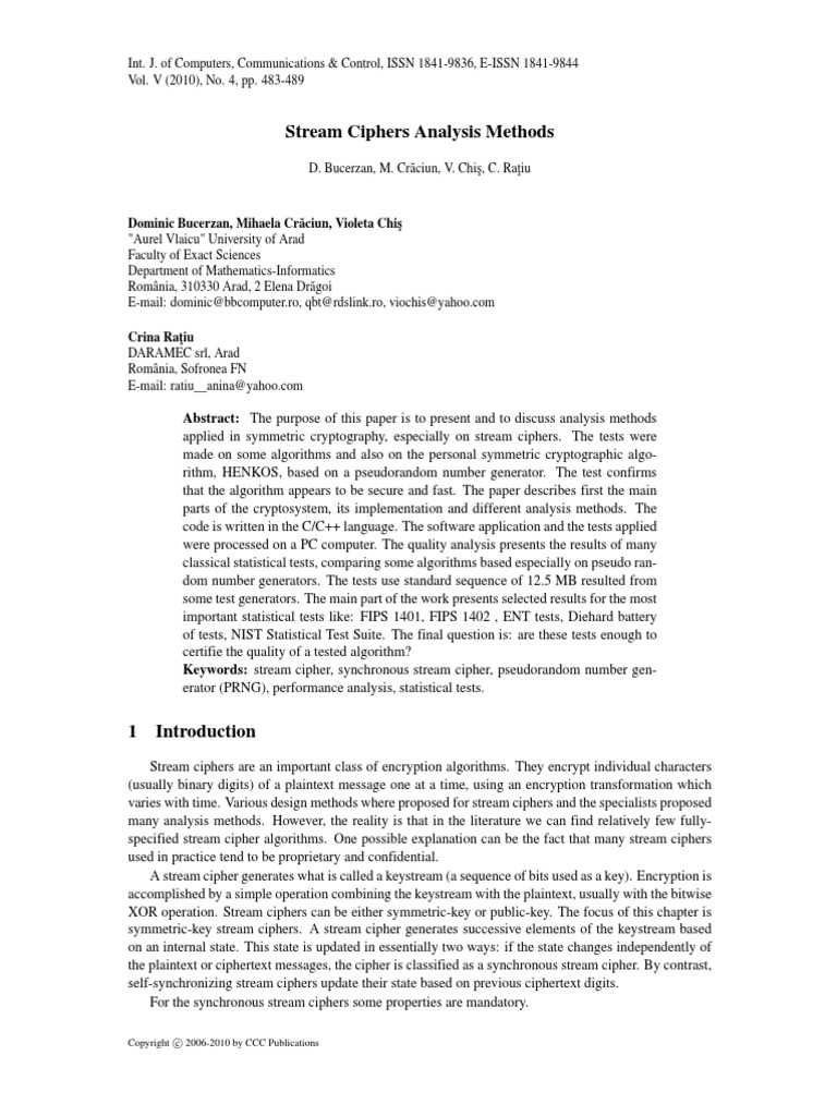 Stream Ciphers Analysis Methods | PDF | Cryptography | Key (Cryptography)