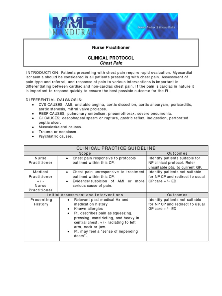 Nurse Practitioner Clinical Protocol: Chest Pain | PDF