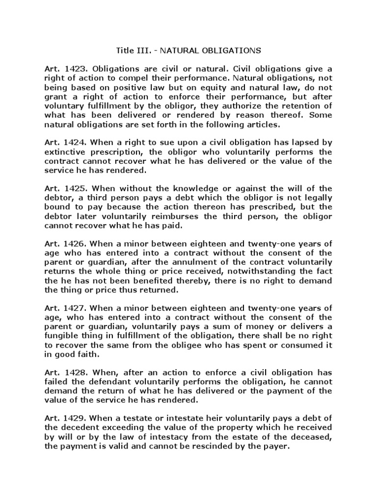 Title III Natural Obligations (1423-1430) | PDF | Law And Economics ...