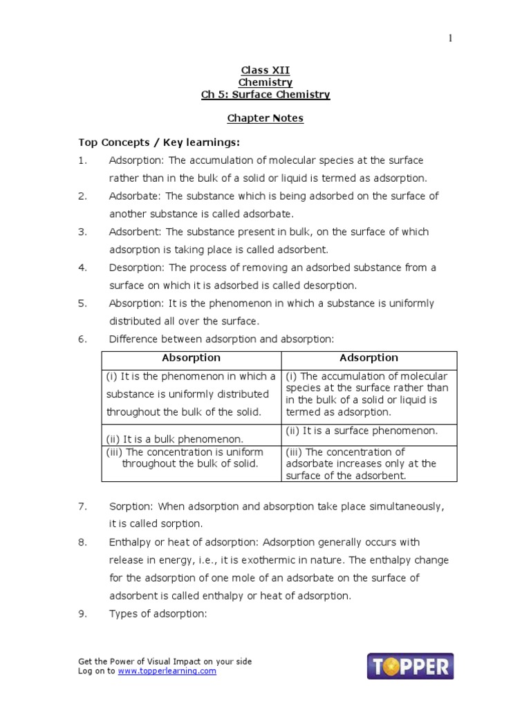 Surface Chemistry Concepts Explained | PDF | Adsorption | Catalysis