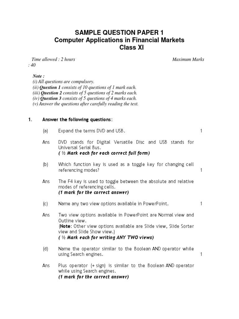 Sample Question Paper 1 Computer Applications in Financial Markets Class XI | PDF | Chart ...