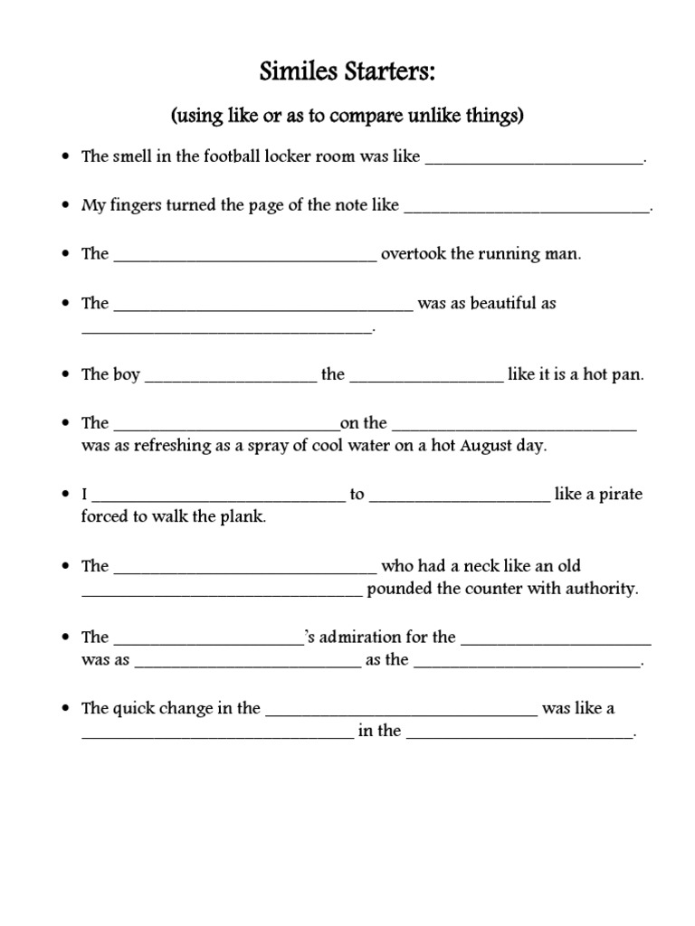 Similes Starters:: (Using Like or As To Compare Unlike Things) | PDF