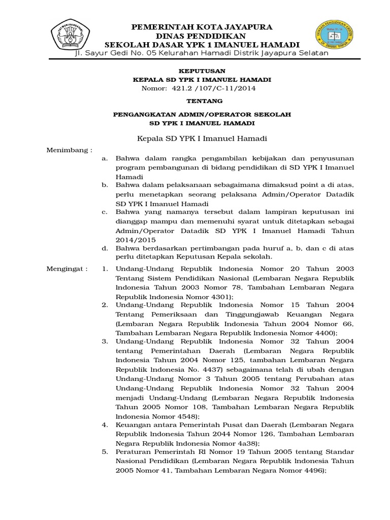 Contoh SK Operator Sekolah | PDF