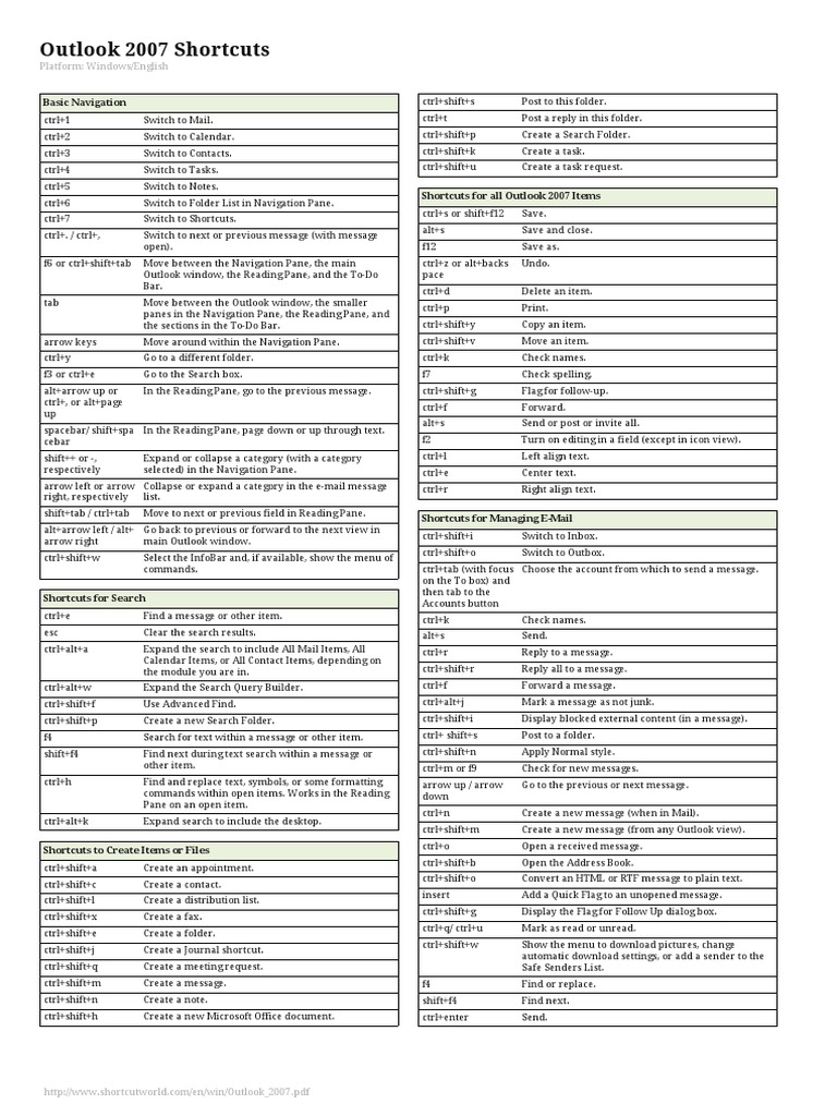 Outlook 2007 Shortcut | PDF | Microsoft Outlook | Hyperlink