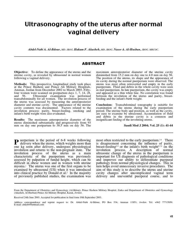 Ultrasonography of The Uterus After Normal Vaginal Delivery | PDF ...
