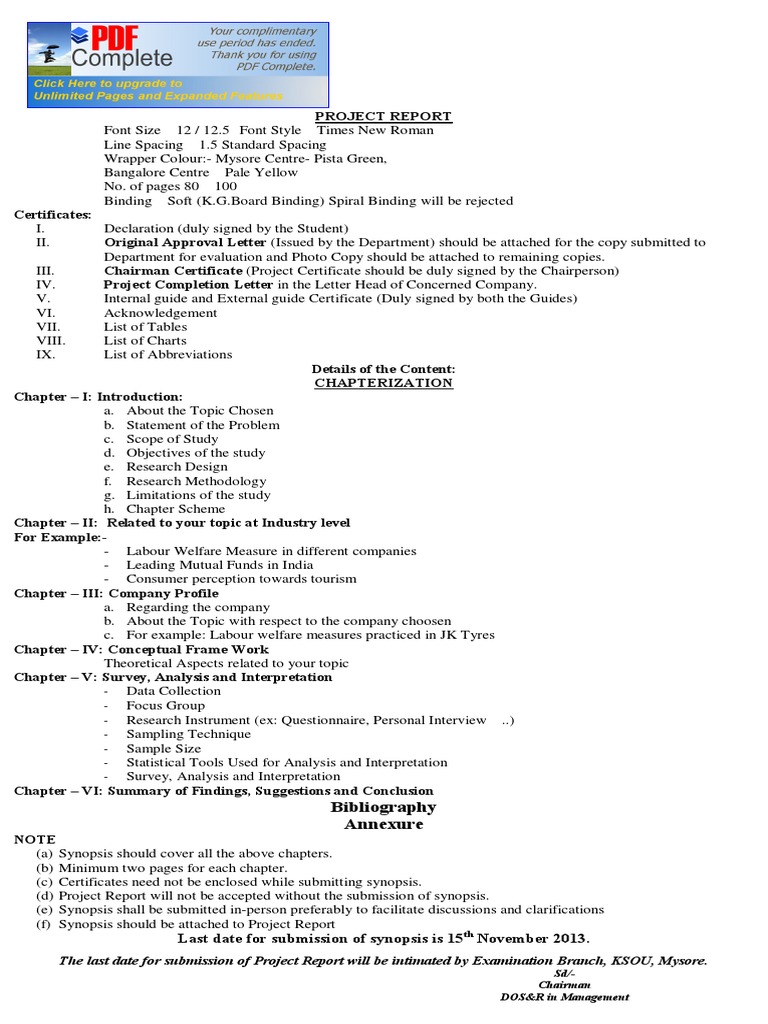 KSOU Project Report Format For IV Semester MBA Students | PDF | Survey ...