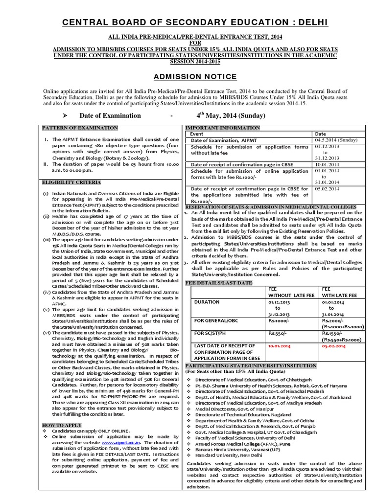 Aipmt 2014 Admission Notice | PDF | Government Health Care | Wellness