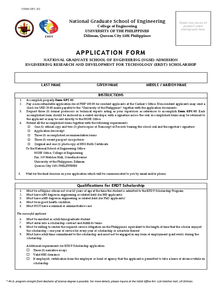 Application Form NGSE ERDT | PDF | Postgraduate Education | Graduate School Application Form NGSE ERDT | PDF | Postgraduate Education | Graduate School