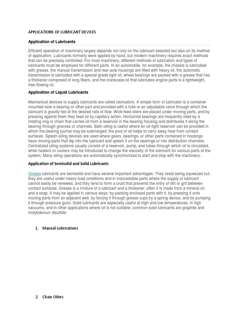 Applications of Lubricant Devices | PDF | Bearing (Mechanical) | Lubricant