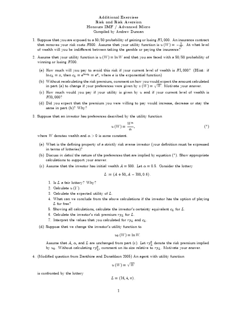 Additional Exercises - Risk and Risk Aversion | PDF | Risk Aversion | Utility