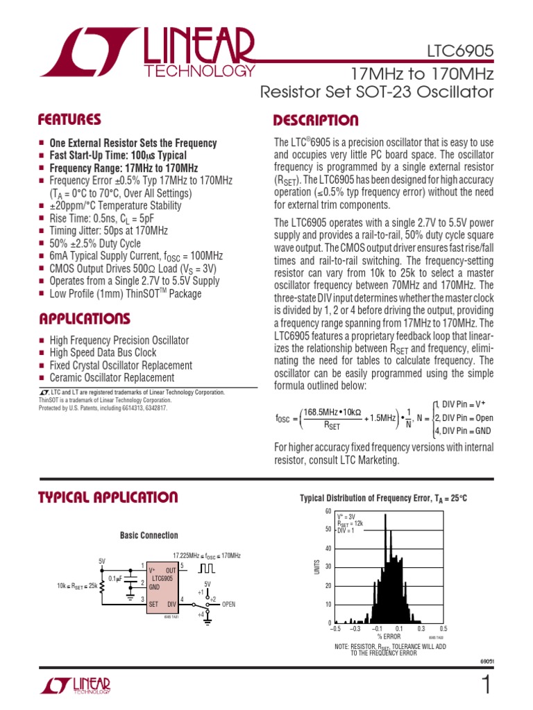 Features: Ltc6905 17Mhz To 170Mhz Resistor Set Sot-23 Oscillator | PDF | Capacitor | Power Supply