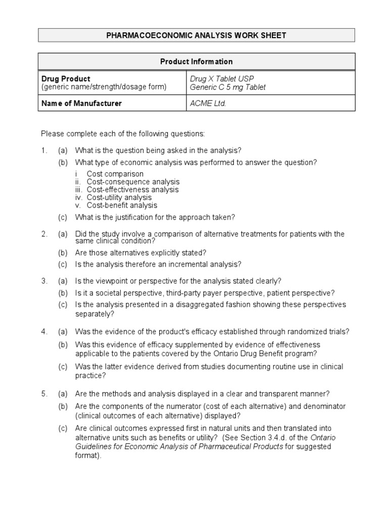Pharmacoeconomic Analysis Worksheet | PDF | Sensitivity Analysis | Utility