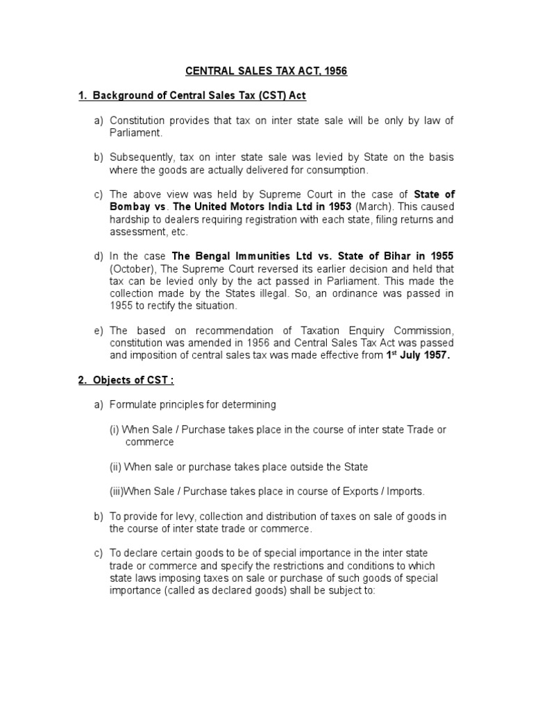 Central Sales Tax Act, 1956 1. Background of Central Sales Tax (CST ...