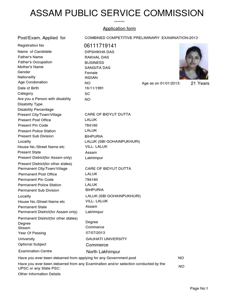 Assam Public Service Commission: Application Form Post/Exam. Applied ...