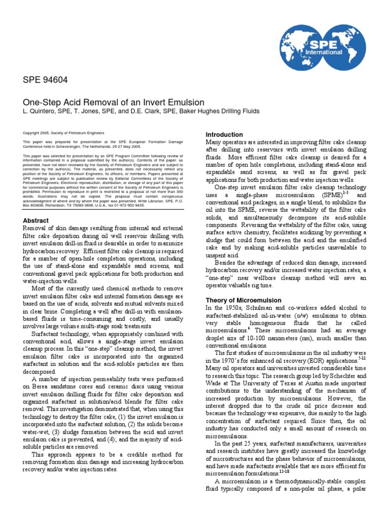 SPE 94604 One-Step Acid Removal of An Invert Emulsion | PDF ...