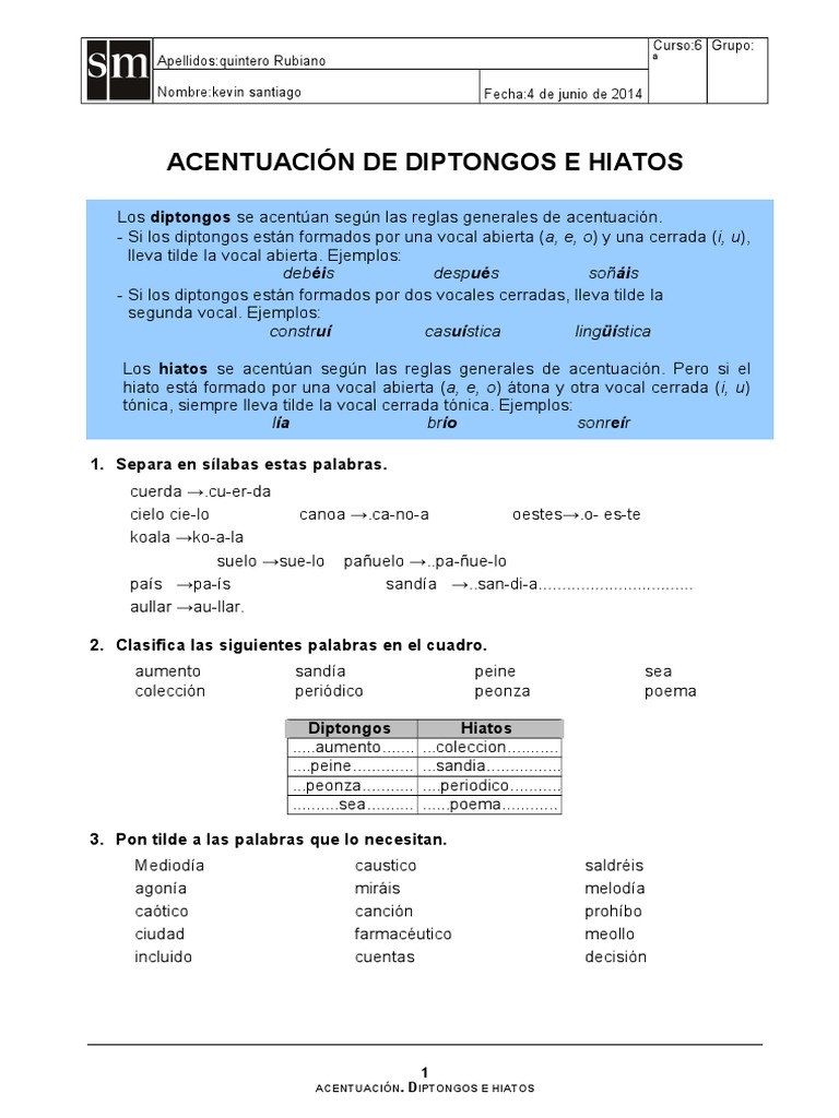 Acentuacion de Diptongos e Hiatos | PDF | Filología | Artes del ...