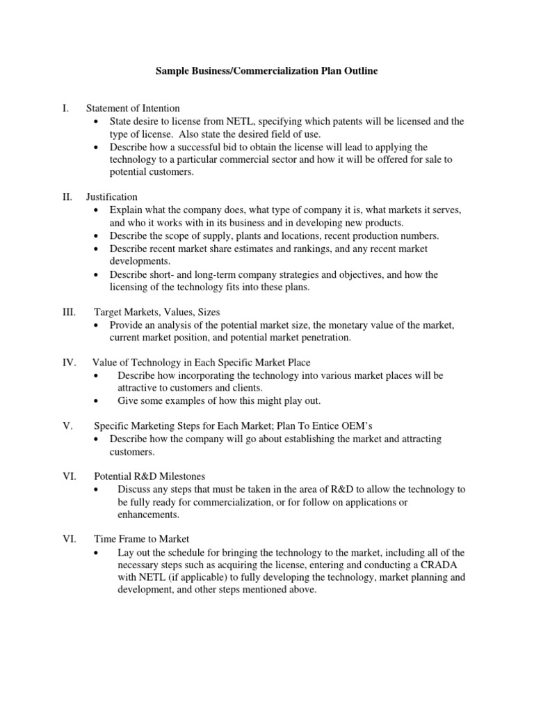 Sample Business/Commercialization Plan Outline | PDF | License | Market ...