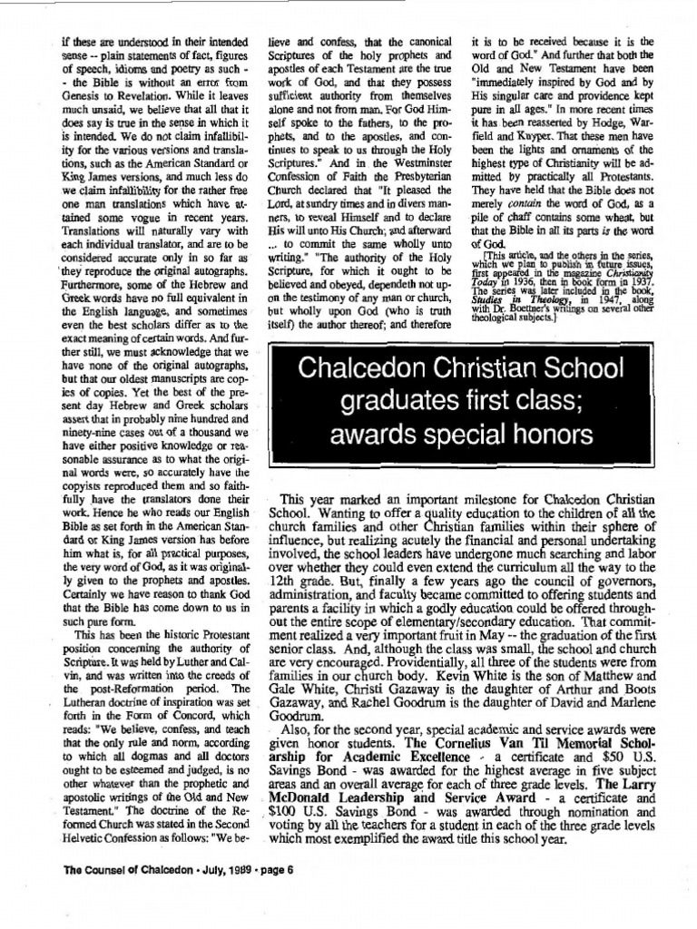 1989 Issue 6 - Chalcedon Christian School Graduates First Class ...