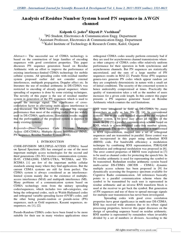 Analysis of Residue Number System Based PN Sequence in AWGN Channel ...