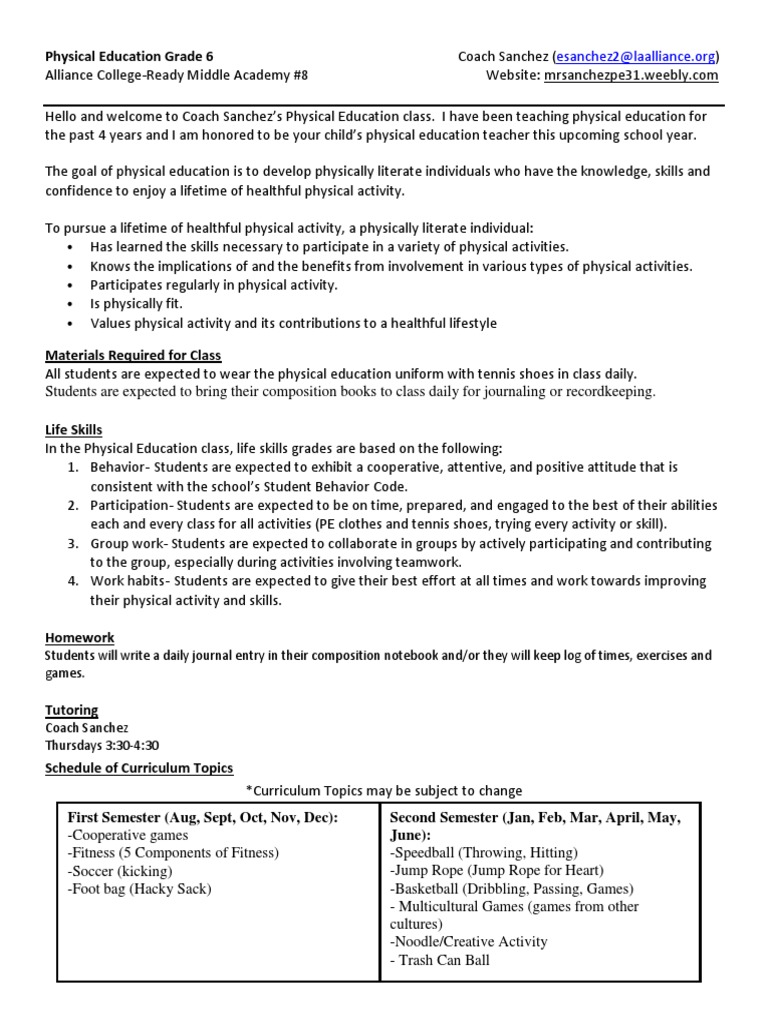 Grade 6 Physical Education Overview | PDF | Physical Education ...