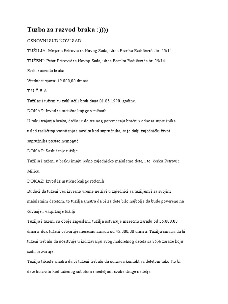 Tuzba Za Razvod Braka | PDF