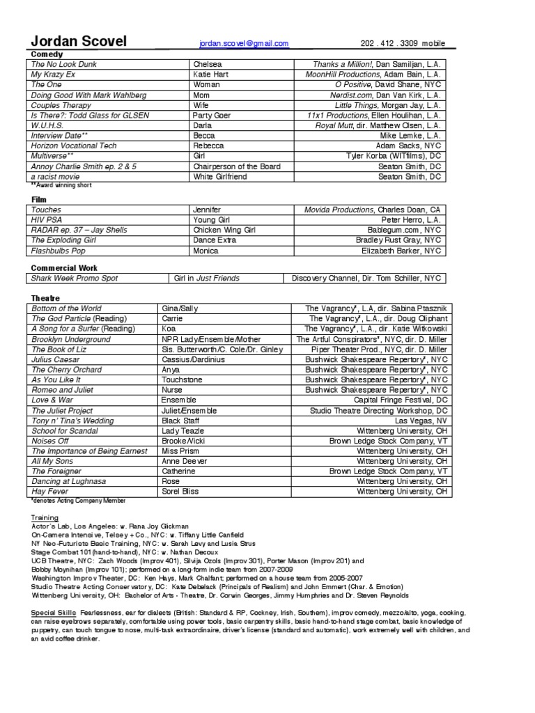 Jordan Scovel: Acting Resume Highlights | PDF